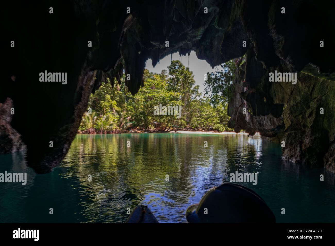 Cave mouth of the subterranean river system opens into the bright light ...