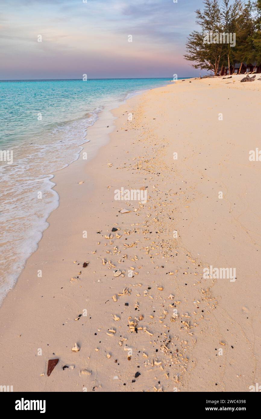 Beautiful remote tropical beach with white sand and sea shells in the ...