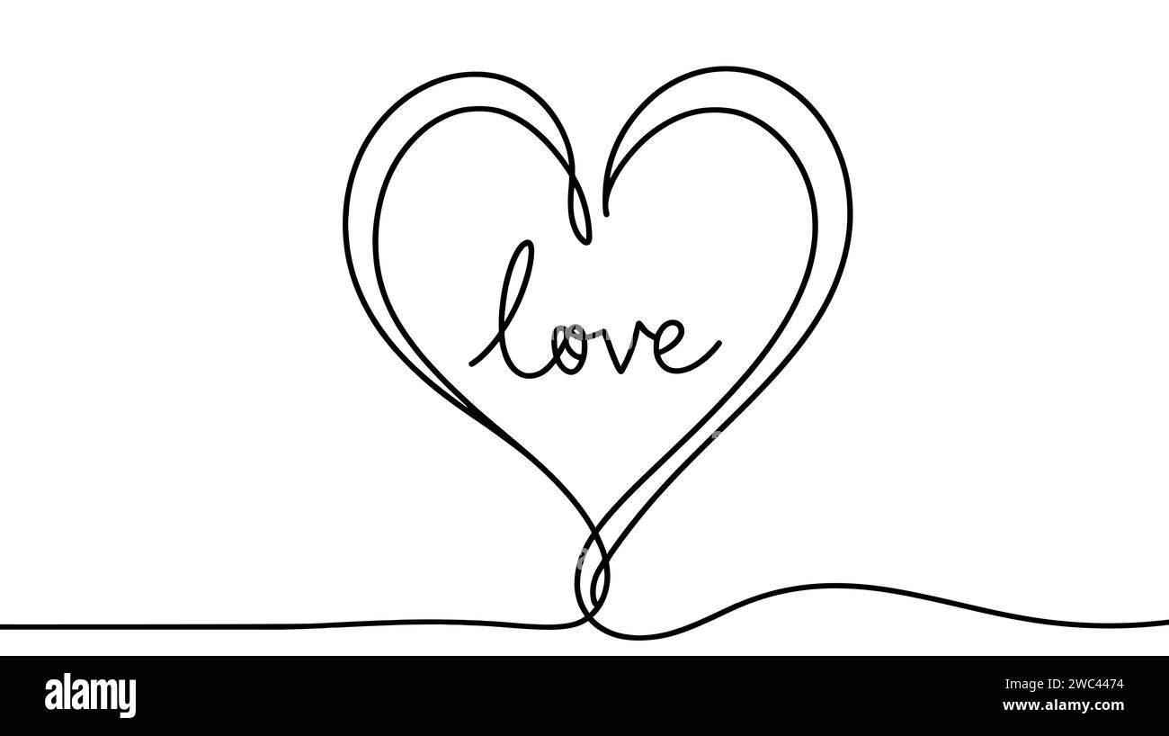 One line drawing. Handwritten word love with doodle heart shape ...
