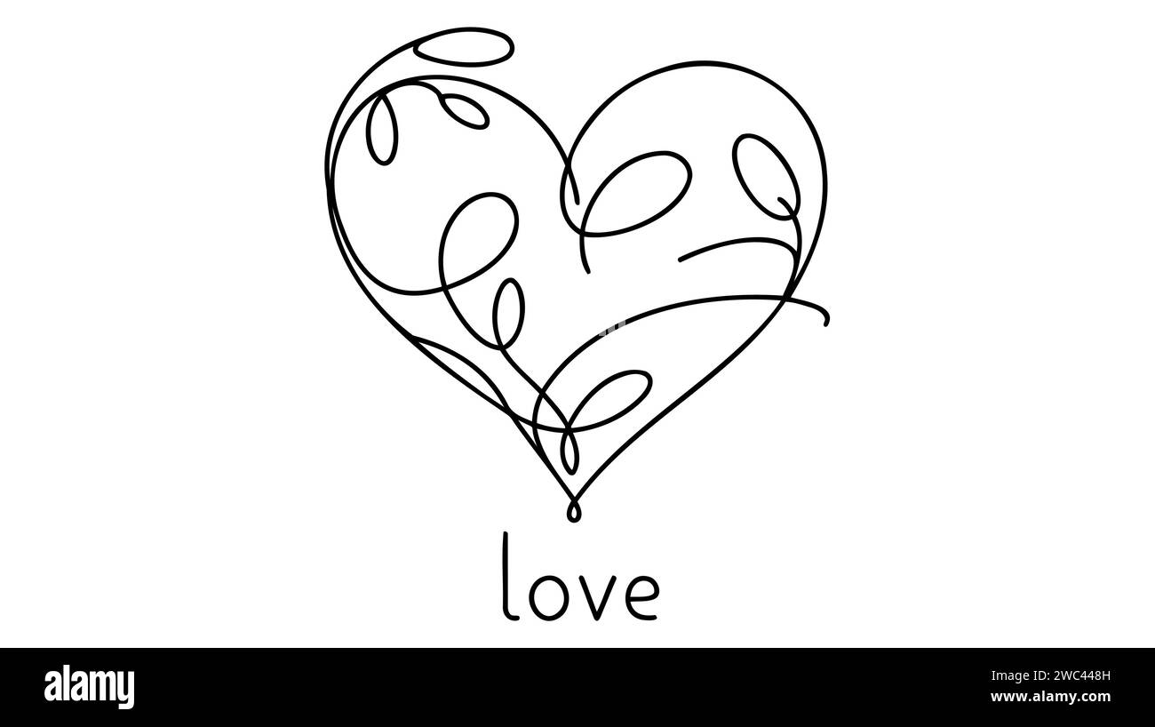 One line drawing. Handwritten word love with doodle heart shape ...