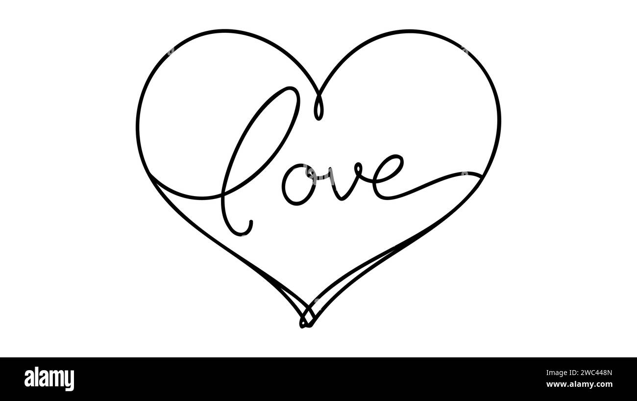 One line drawing. Handwritten word love with doodle heart shape ...
