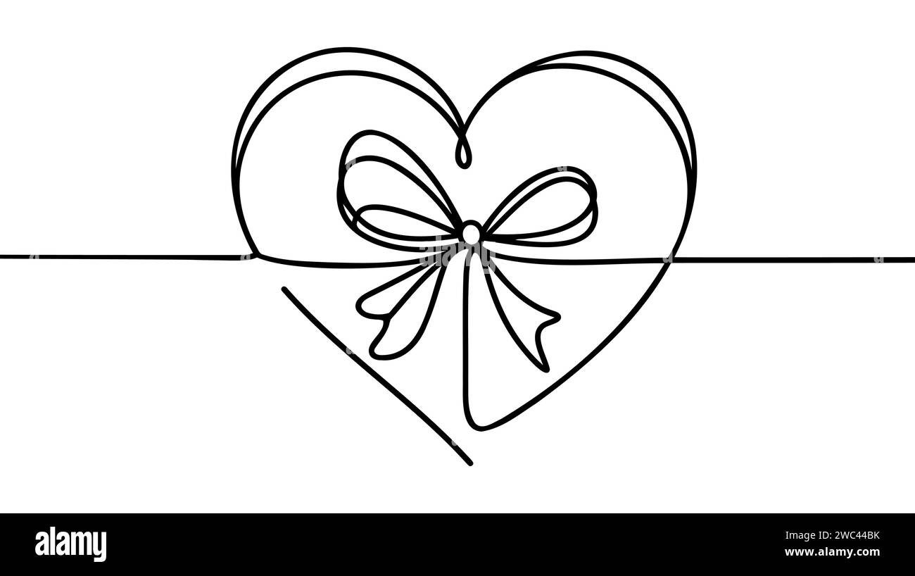 Continuous line drawing of heart with ribbon, bow. Heart one line icon ...