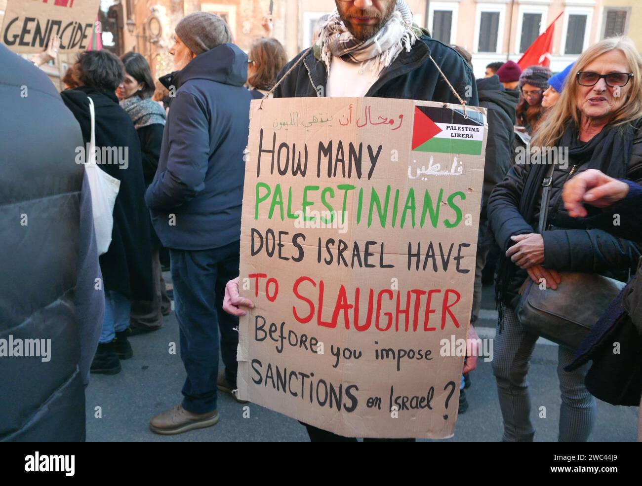 Rome, Italy. 13th Jan, 2024. A shot of a rally pro Palestine in Rome ...