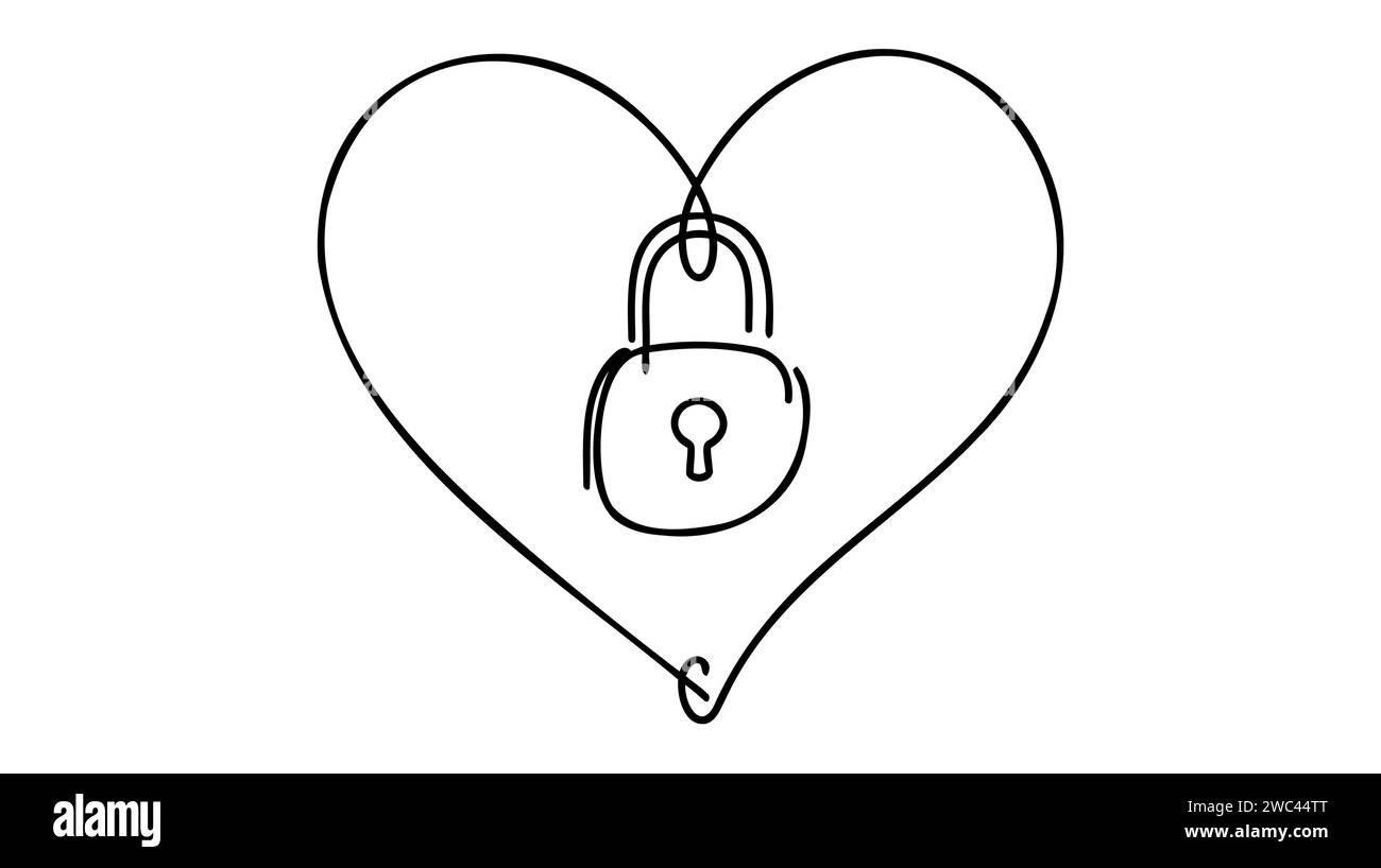 Continuous one line drawing of heart padlock with key hole. Padlock ...