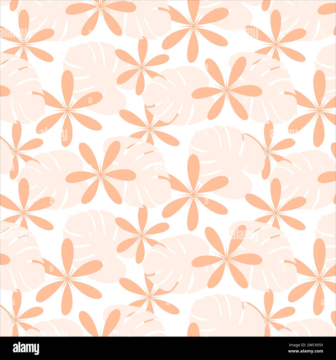 Seamless pattern of abstract flowers and monstera leaves in trendy ...