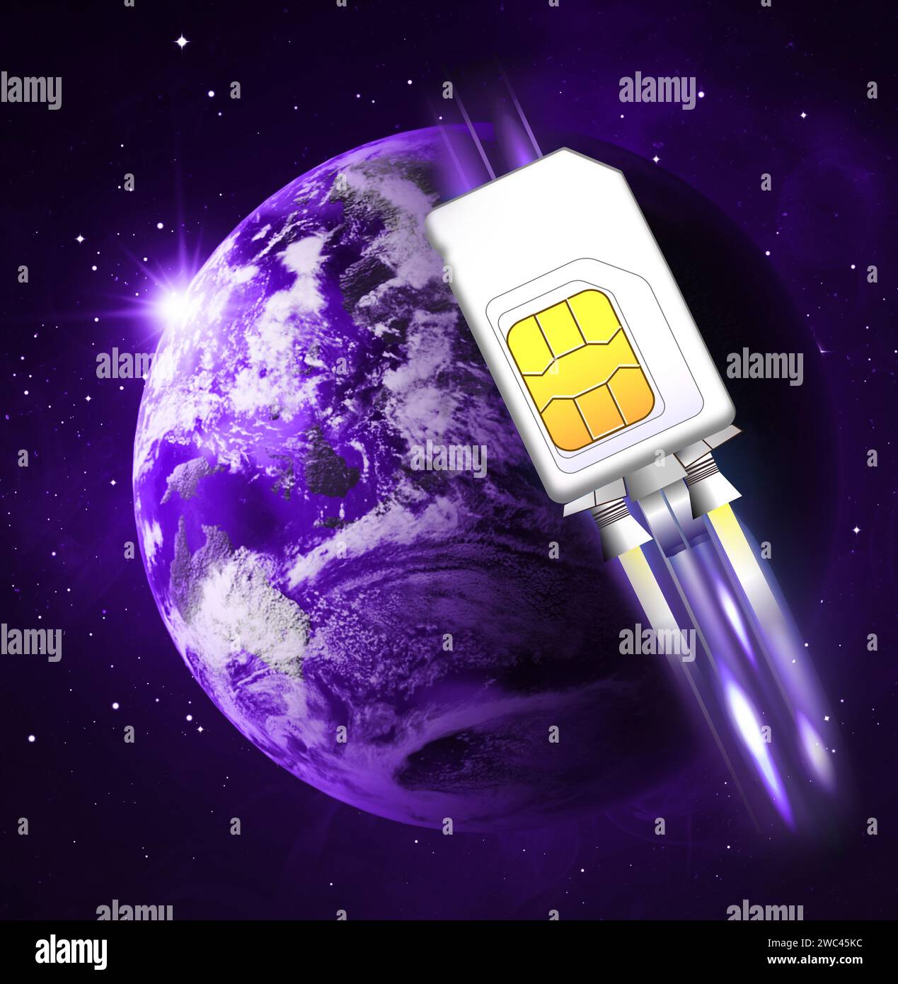 Fast internet connection. SIM card rocket flying around planet in space ...