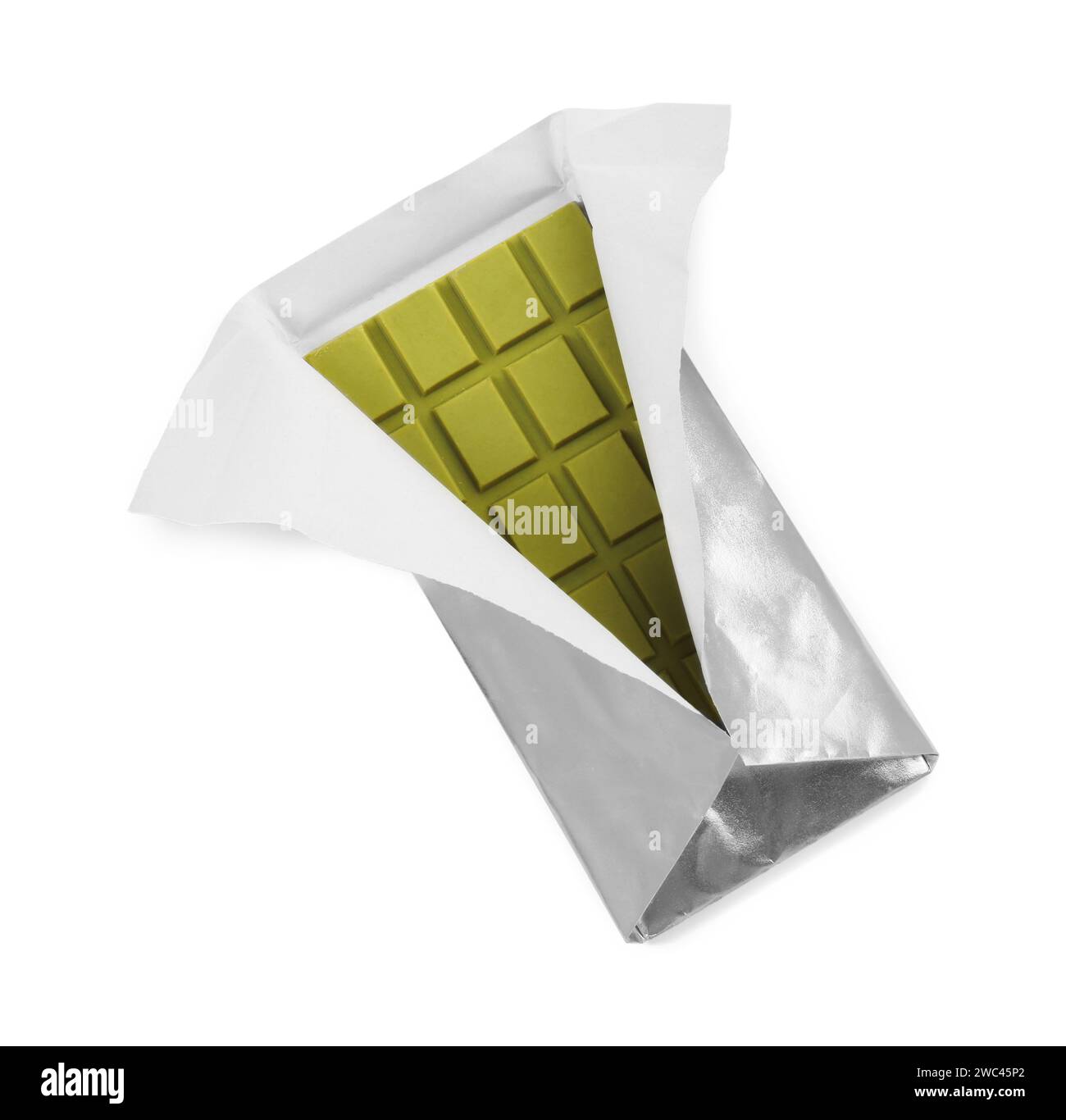 Tasty matcha chocolate bar wrapped in foil isolated on white, top view ...