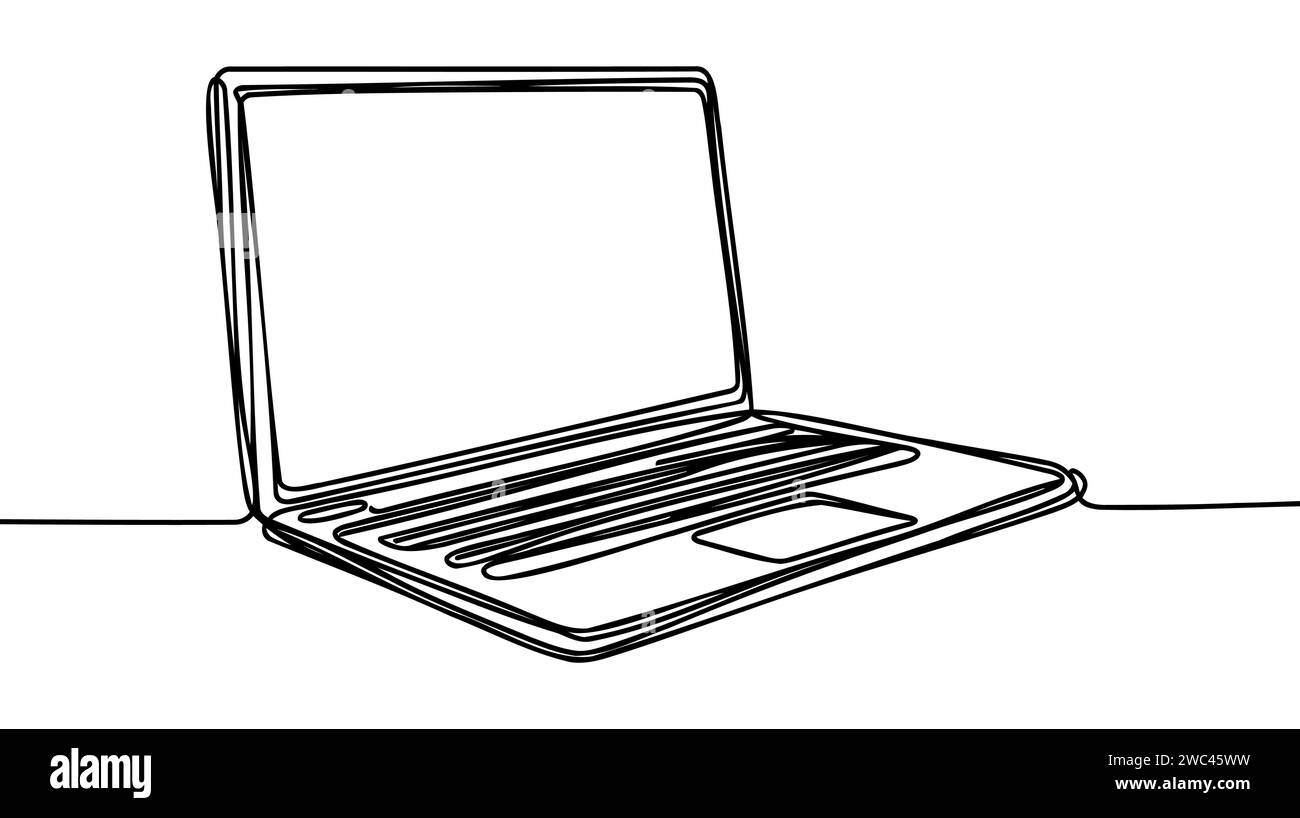 Open laptop. One line continuous laptop. Line art, outline, single line ...