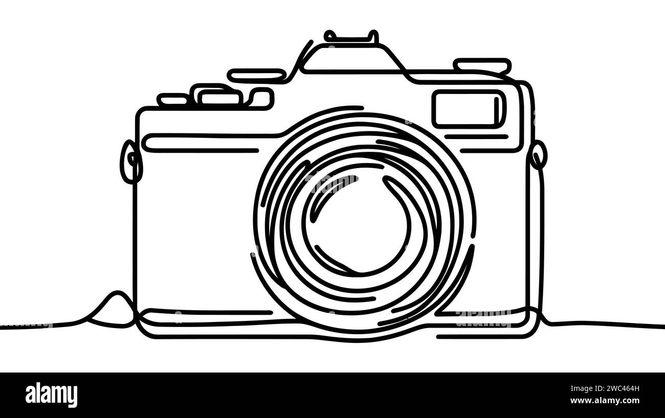 One single line drawing of old retro analog slr camera with telephoto ...