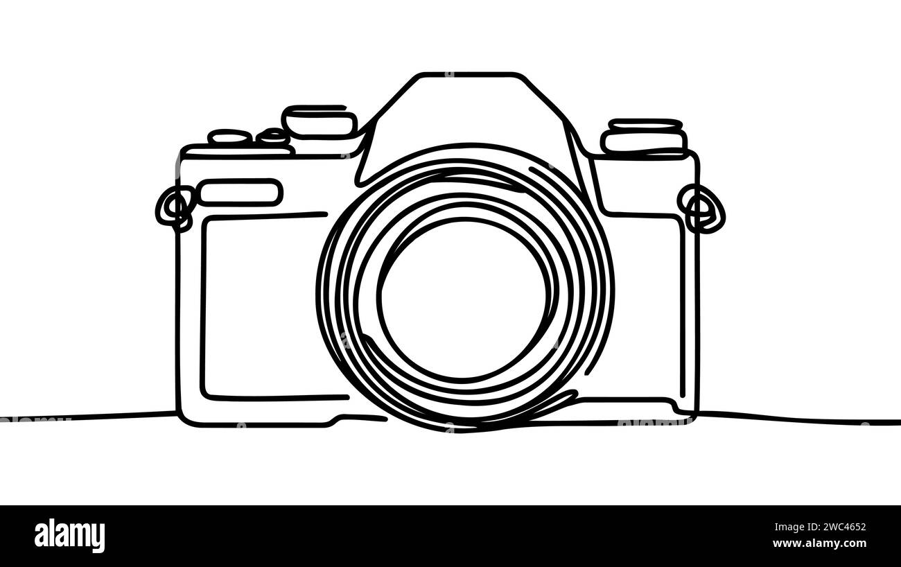 One single line drawing of old retro analog slr camera with telephoto ...