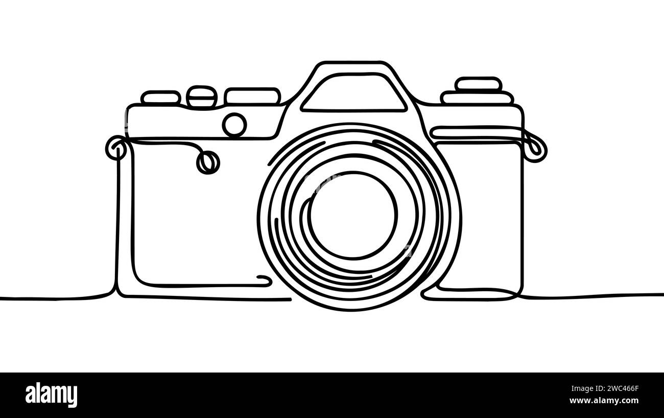 One single line drawing of old retro analog slr camera with telephoto ...