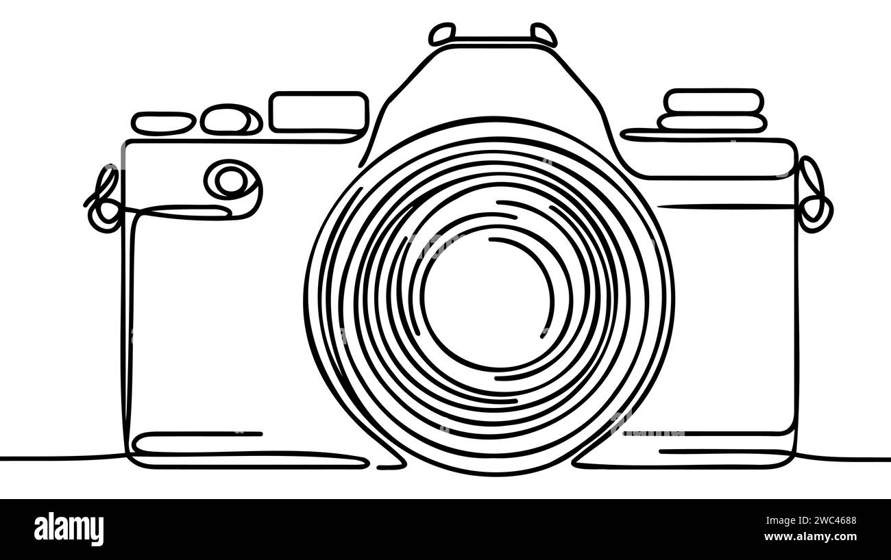 One single line drawing of old retro analog slr camera with telephoto ...