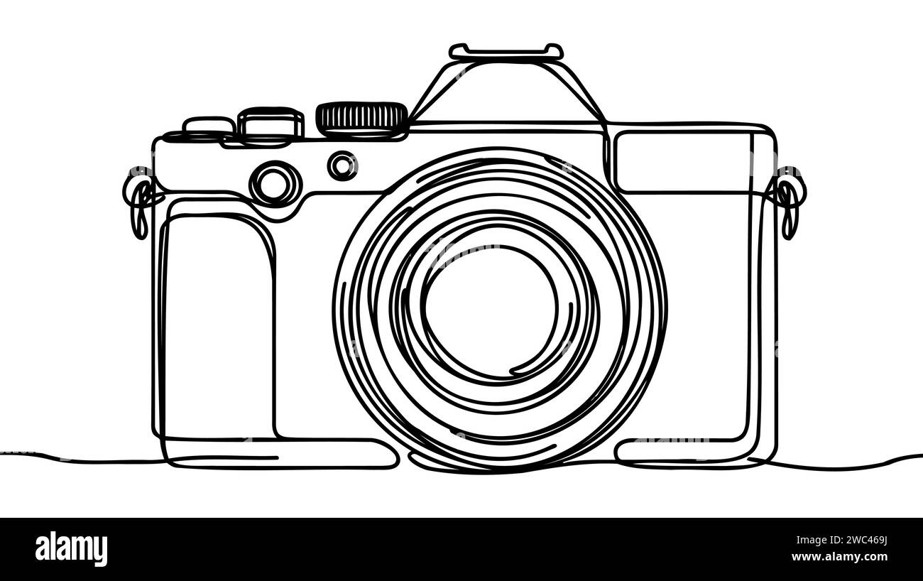 One single line drawing of old retro analog slr camera with telephoto ...