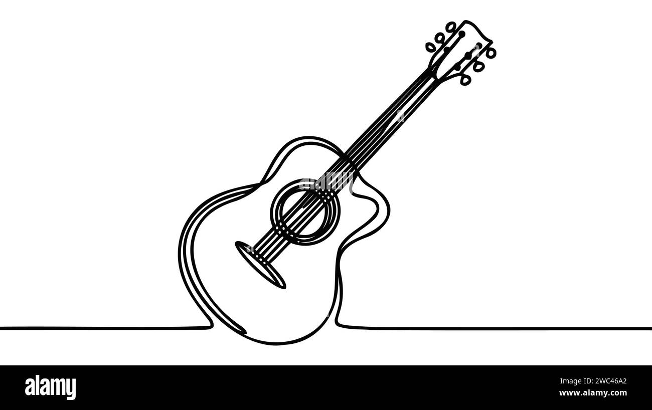 One single line drawing of wooden classic acoustic guitar. Modern ...