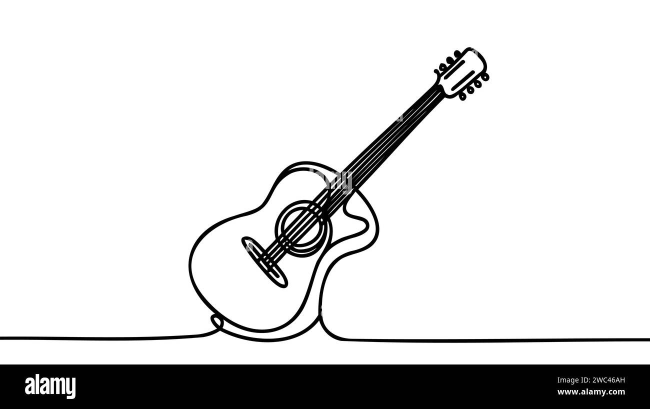 One single line drawing of wooden classic acoustic guitar. Modern ...