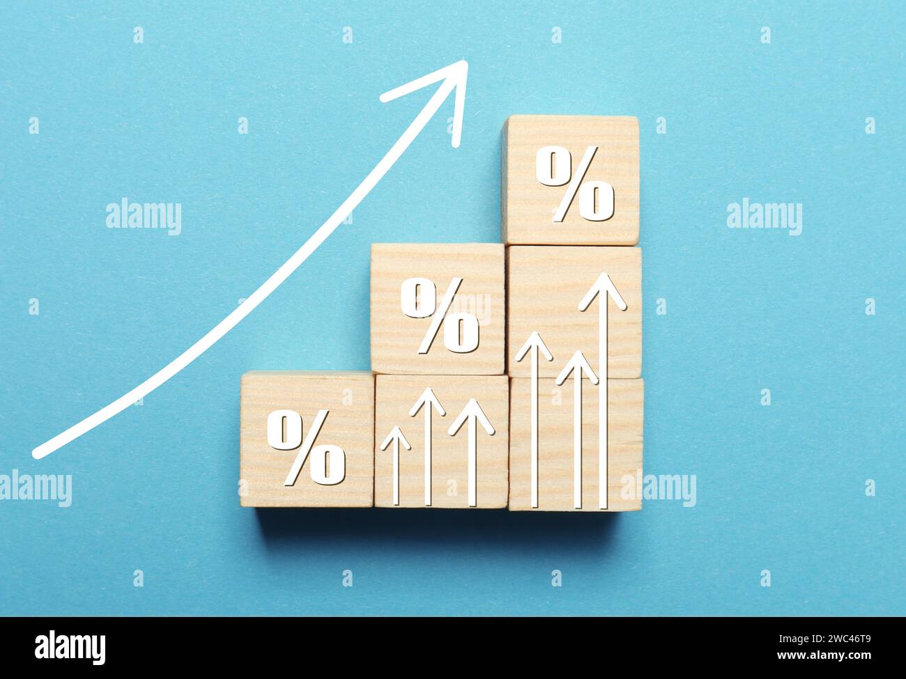 Mortgage rate rising illustrated by upward arrows and wooden cubes with ...
