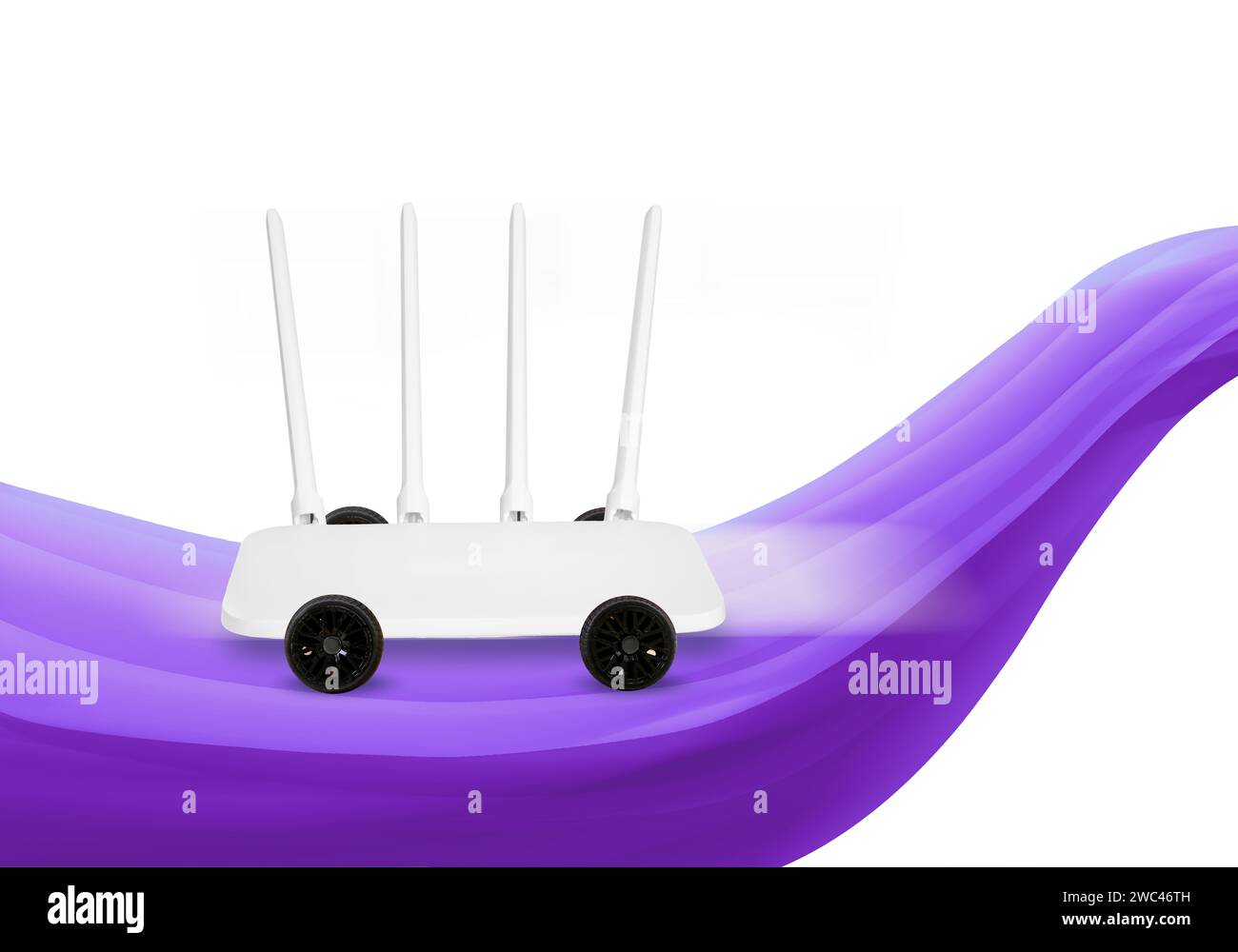 Fast internet connection. Wi-Fi router with wheels riding on white ...