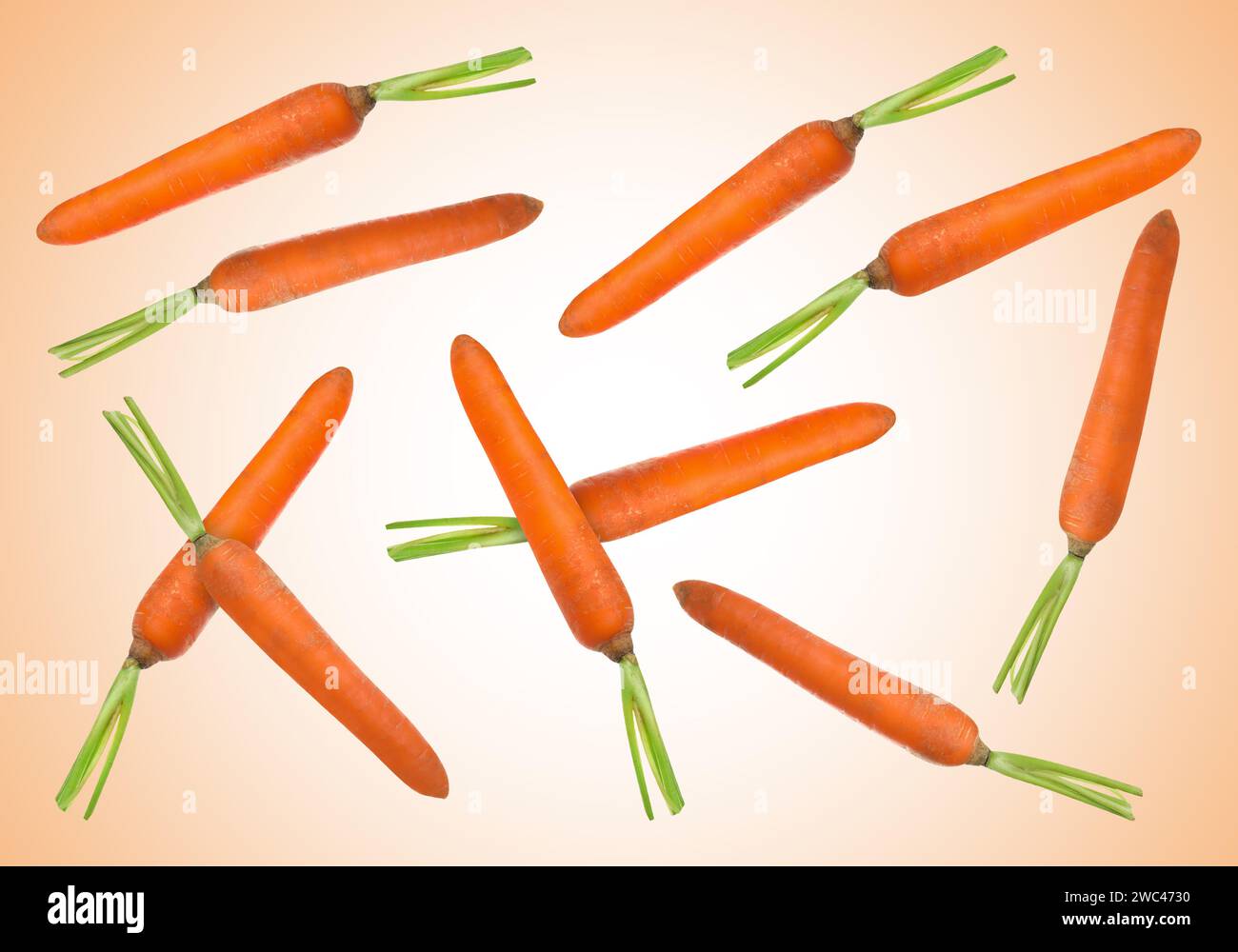 Fresh ripe carrots falling on pale orange gradient background Stock ...