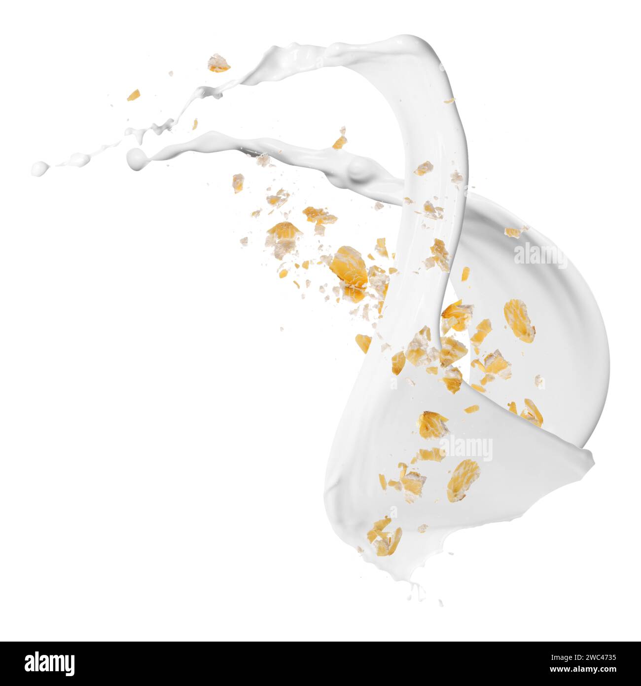 Rolled oats and milk splash isolated on white Stock Photo - Alamy