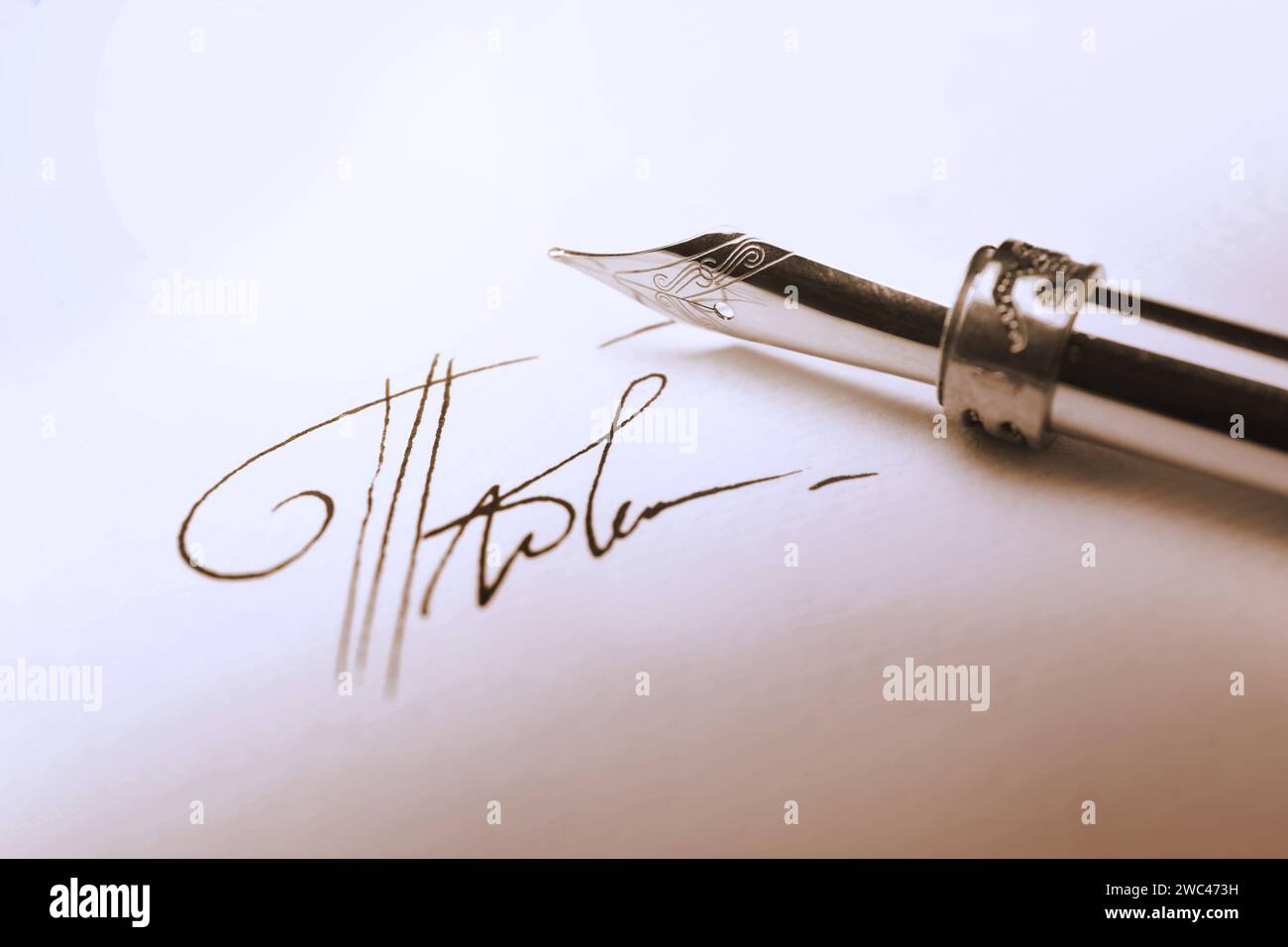 Sheet of paper with fountain pen and signature, closeup Stock Photo - Alamy