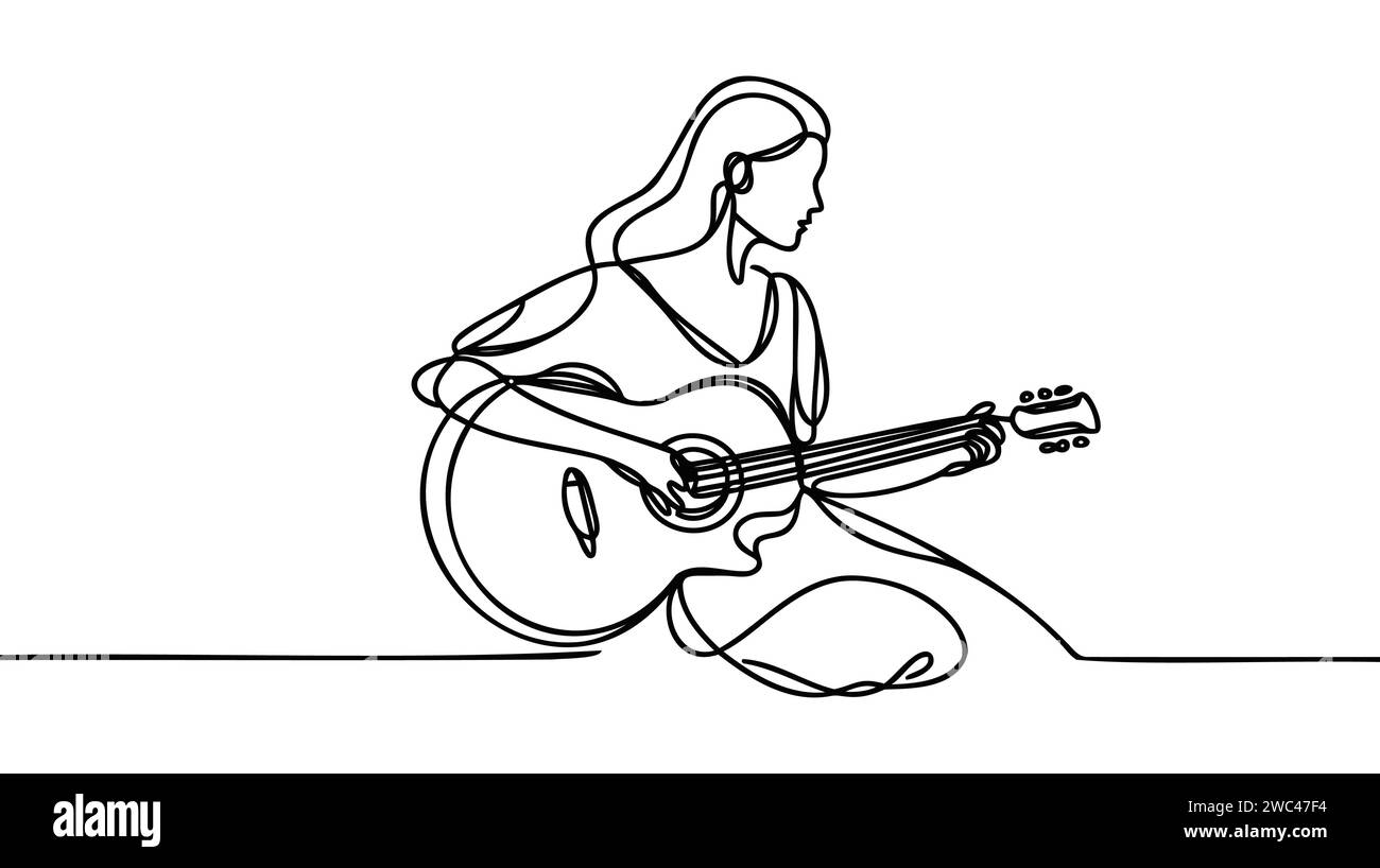 Woman stands playing guitar - one line art vector. Concept guitarist ...