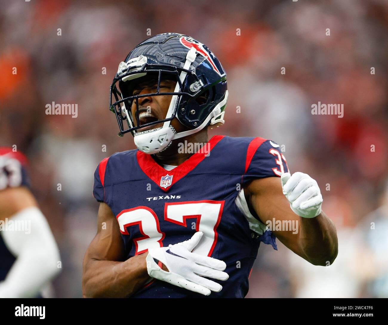January 13, 2024: Texans cornerback D'Angelo Ross (37) reacts to a ...
