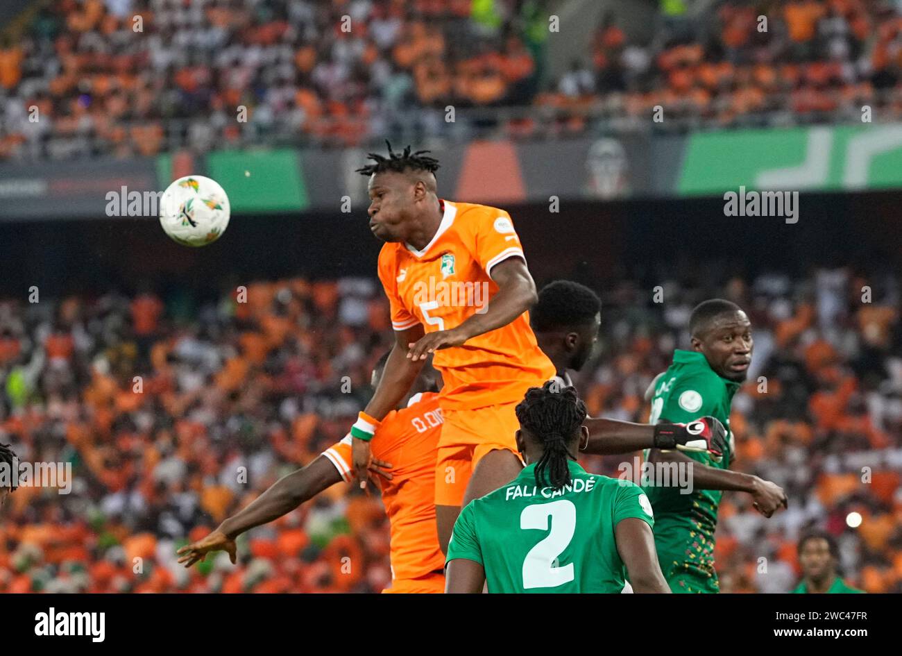 January 13 2024: Wilfried Stephane Singo (Ivory Coast) heads during a ...