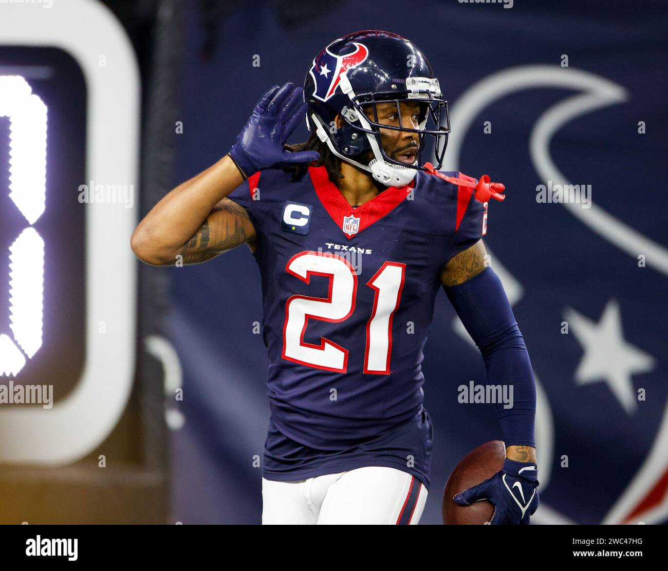 January 13, 2024: Texans cornerback Steven Nelson (21) gestures to the ...
