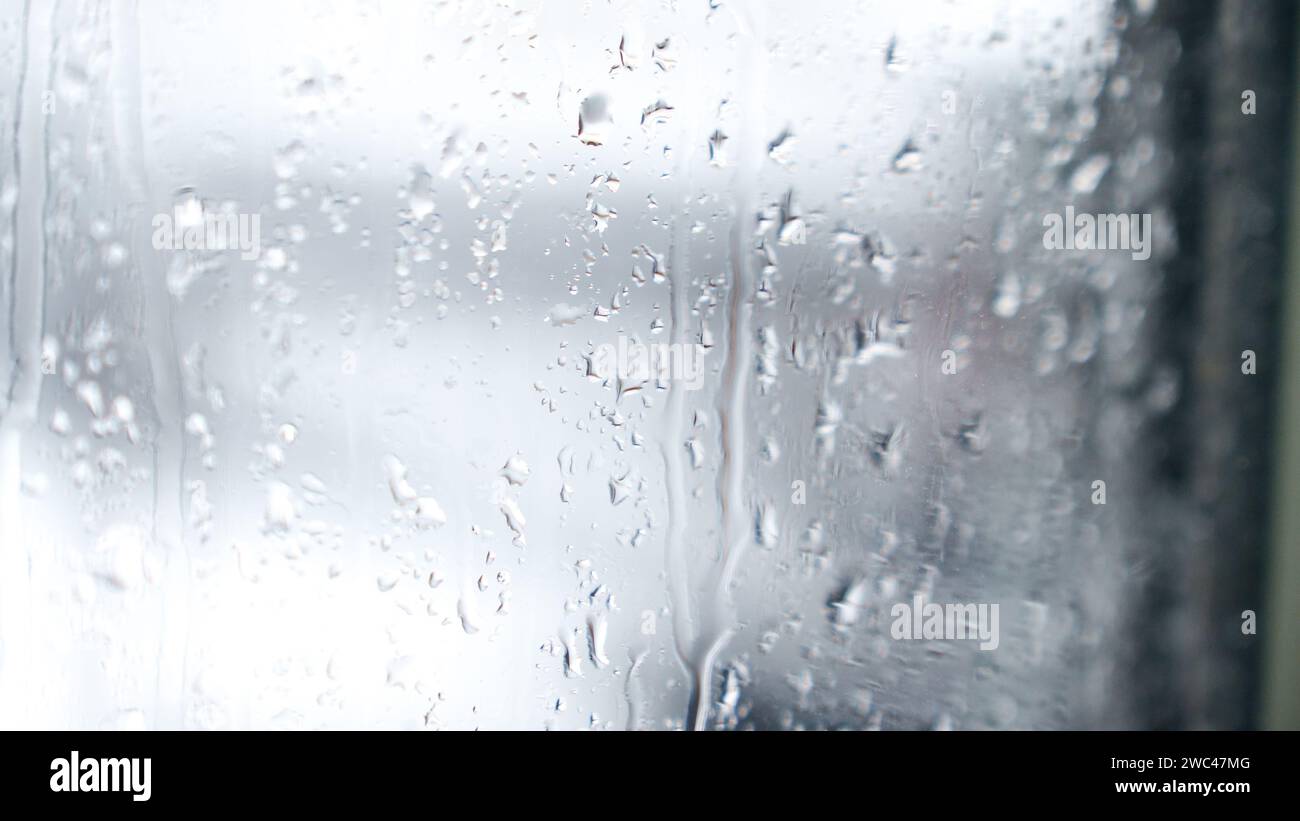 Macro of water drops on glass. Large rain drops strike window during winter shower. Pure rain ...
