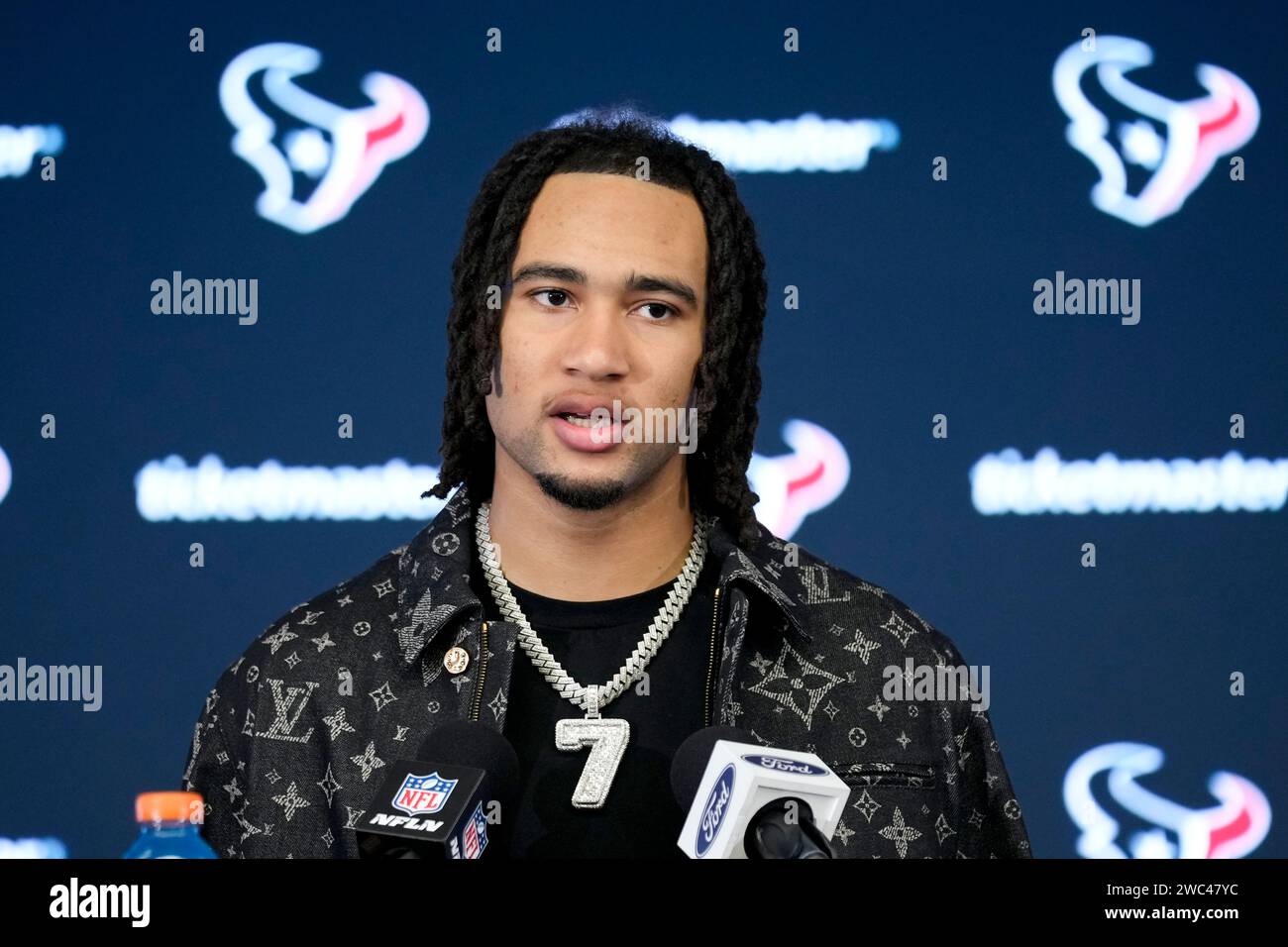 Houston Texans quarterback C.J. Stroud speaks during a news conference ...