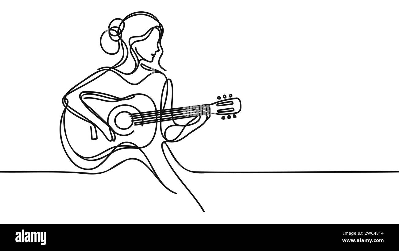 Woman stands playing guitar - one line art vector. Concept guitarist ...