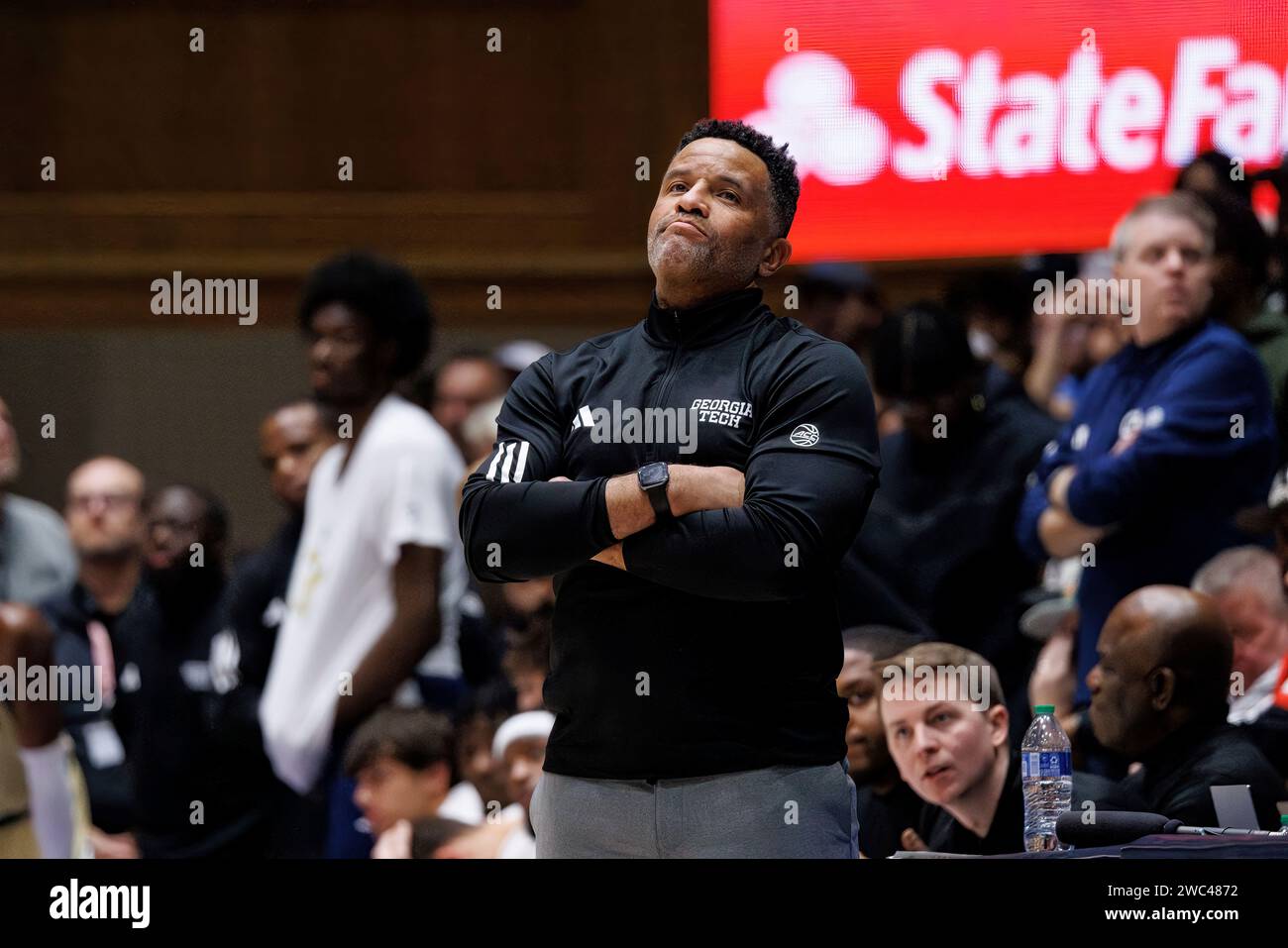 Georgia Tech head coach Damon Stoudamire looks towards the court in the ...