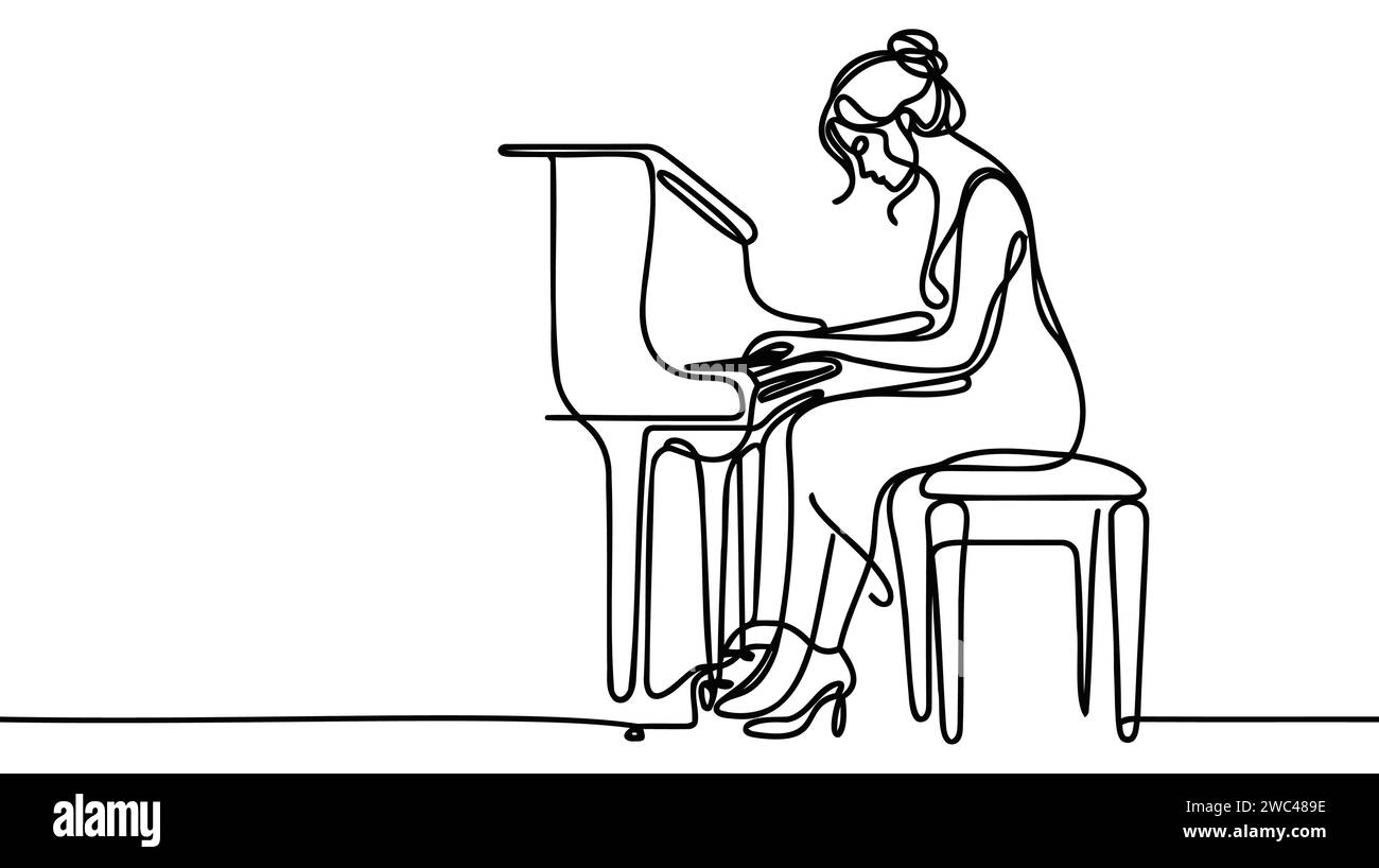 Single one line drawing woman plays piano. Female performer sits at ...