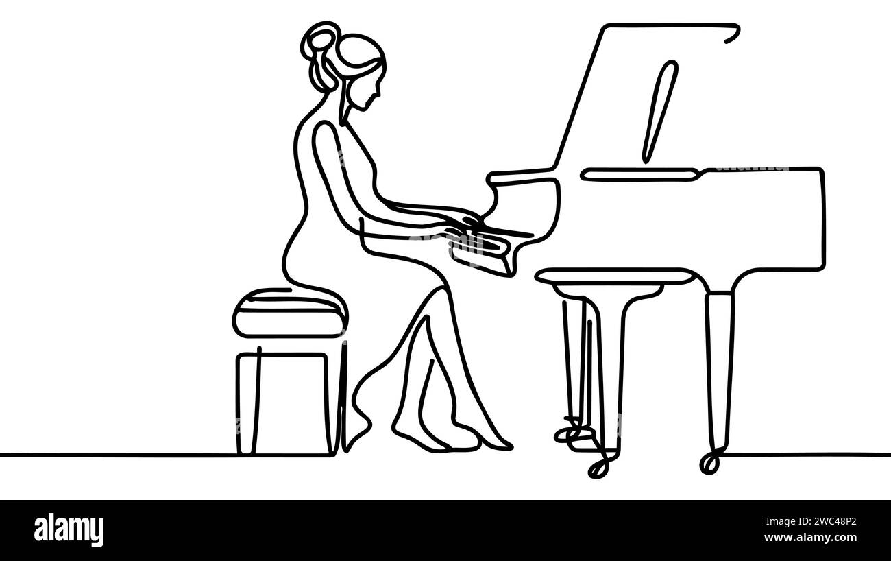 Single one line drawing woman plays piano. Female performer sits at ...