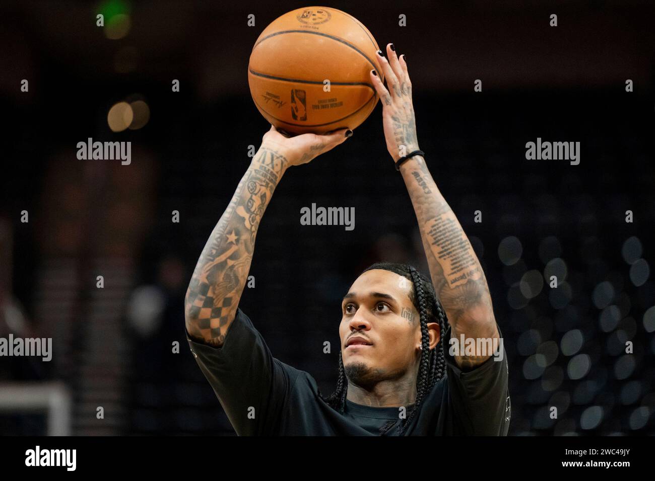 Utah Jazz guard Jordan Clarkson warms up before an NBA basketball game ...