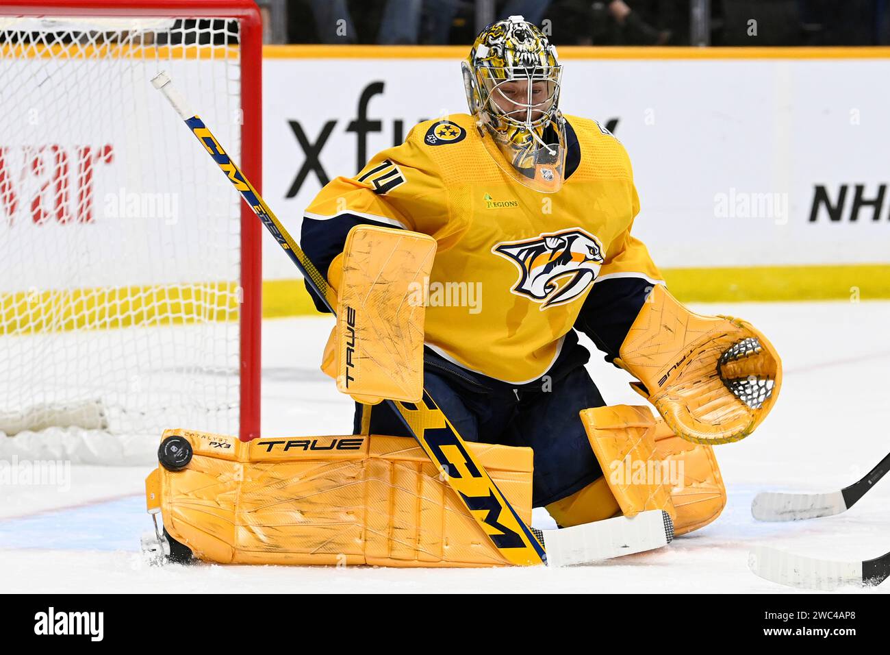 Nashville Predators goaltender Juuse Saros (74) blocks a shot by the ...