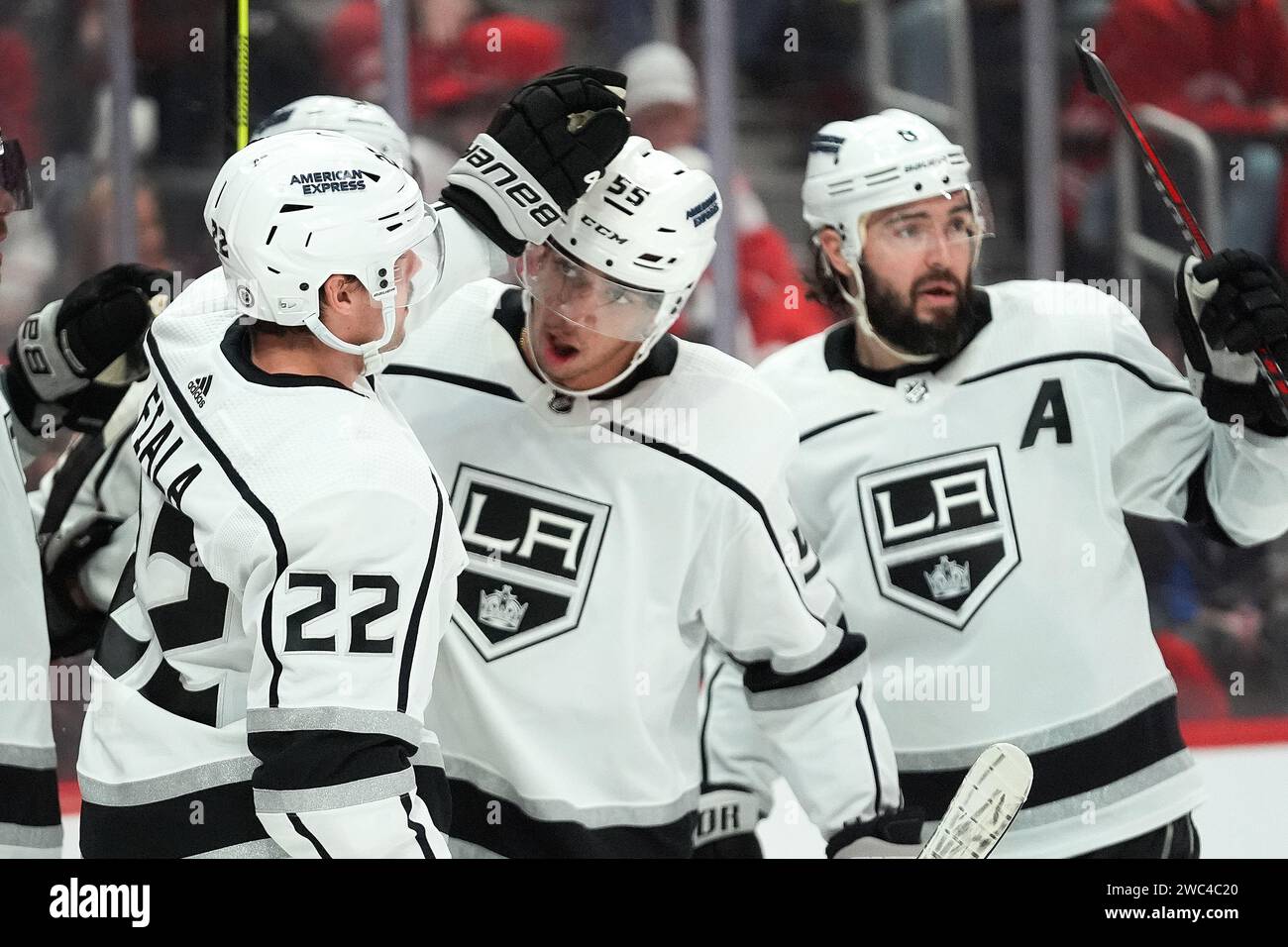 Los Angeles Kings right wing Quinton Byfield, center, celebrates his ...