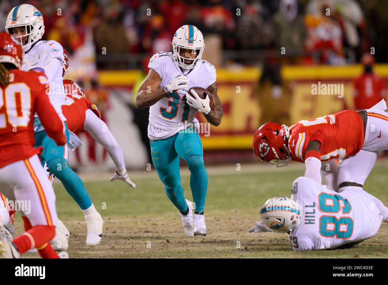 Miami Dolphins running back Raheem Mostert (31) carries the ball against the Kansas City Chiefs ...