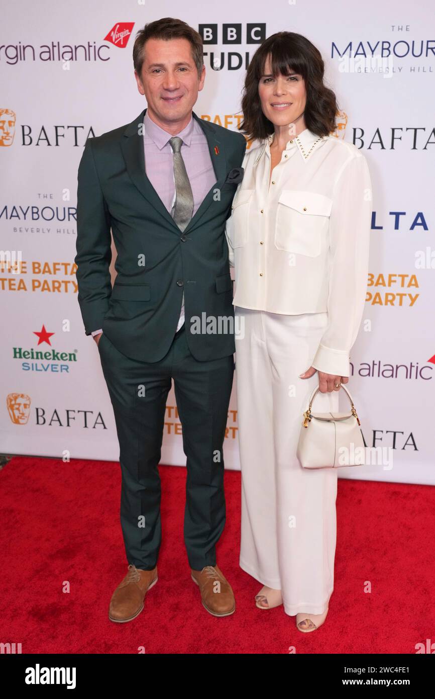 From left, Michael A. Goorjian and Neve Campbell arrive at the BAFTA ...
