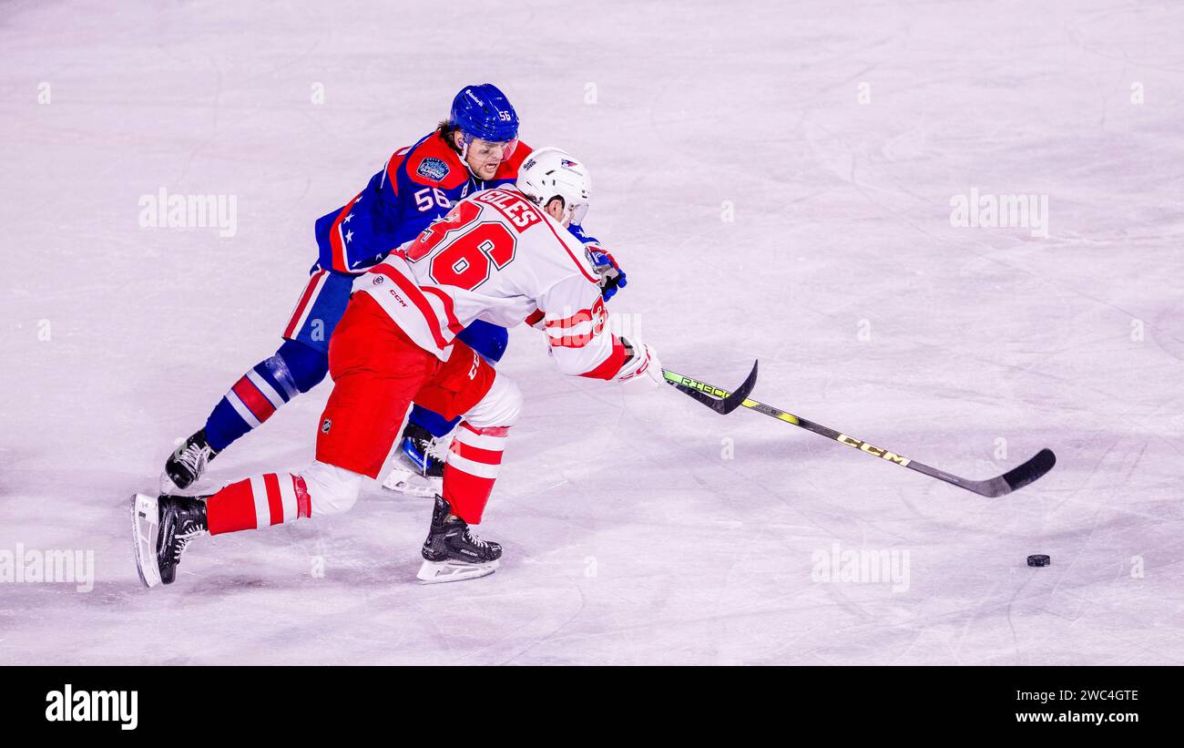 January 13, 2024: Rochester Americans Kale Clague (56) challenges ...