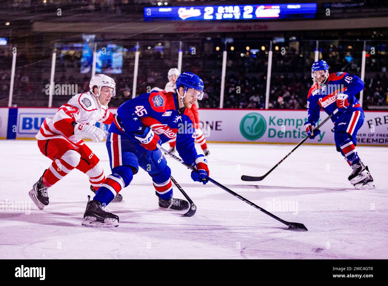 January 13, 2024: Rochester Americans Brendan Warren (45) defends the ...