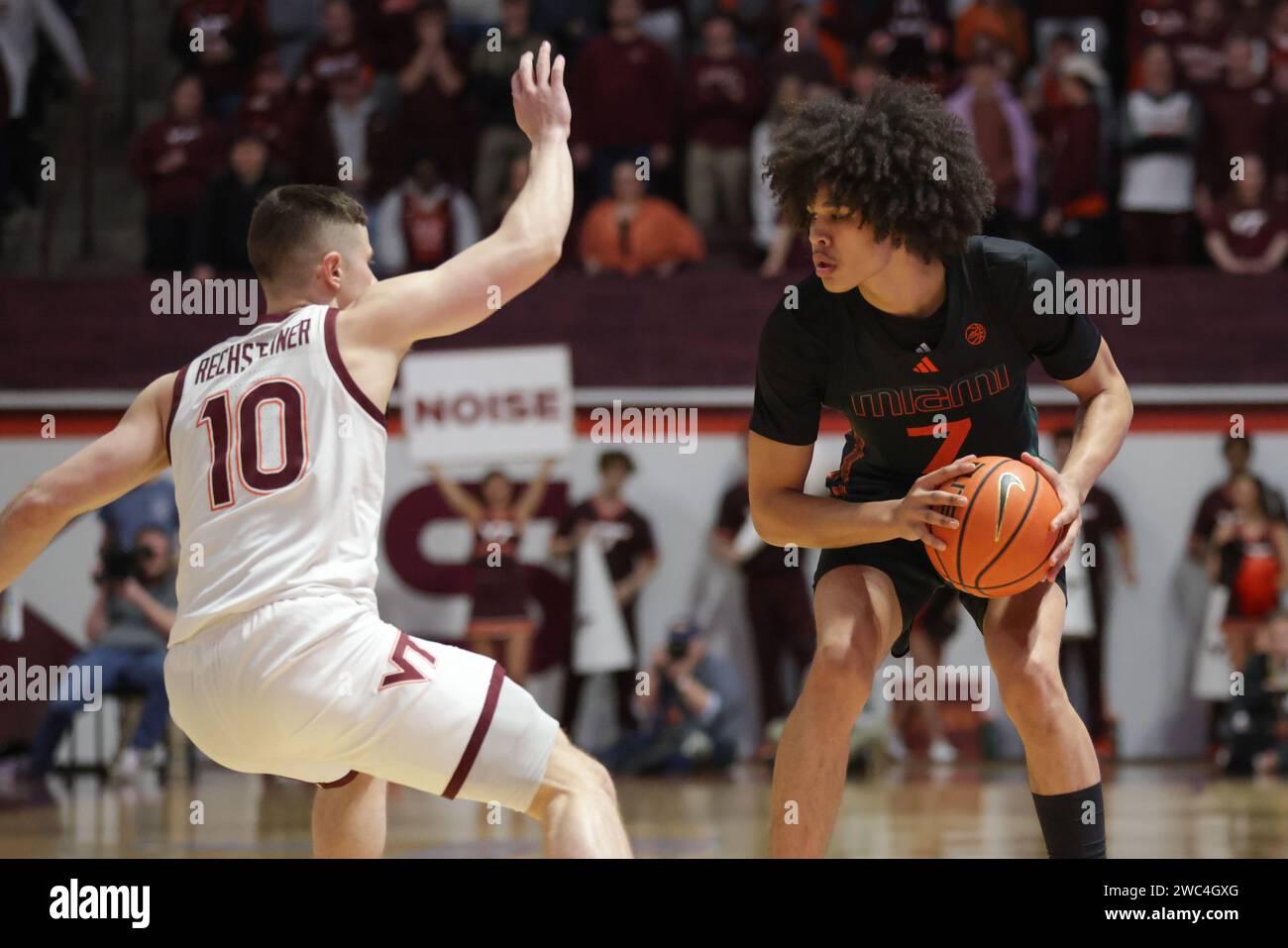 Blacksburg, Virginia, USA. 13th Jan, 2024. Miami Hurricanes guard ...