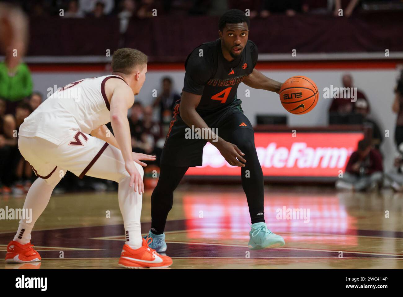 Blacksburg, Virginia, USA. 13th Jan, 2024. Miami Hurricanes guard ...
