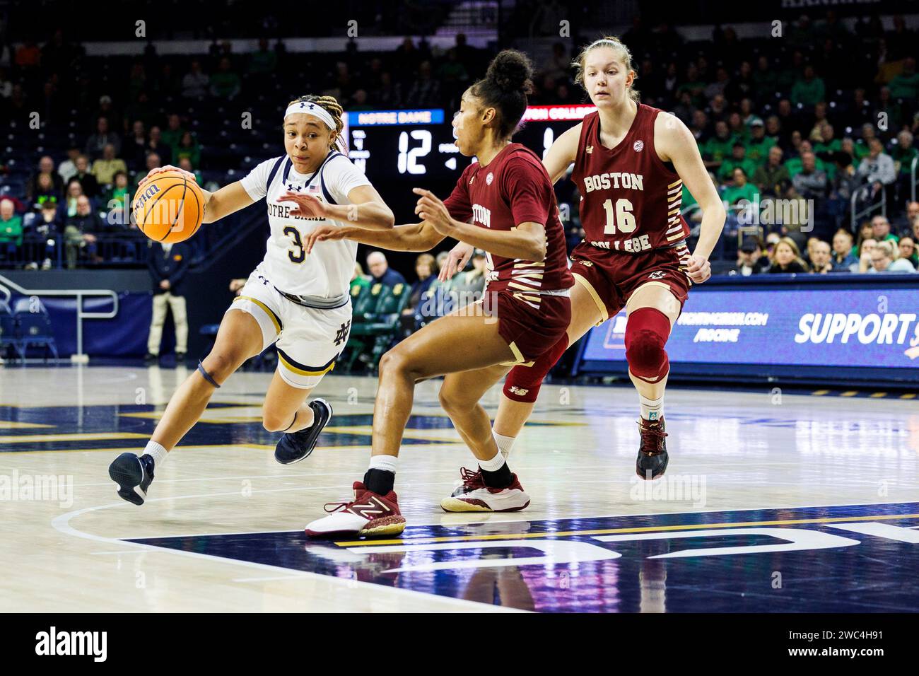USA. 11th Jan, 2024. January 11, 2024: Notre Dame guard Hannah Hidalgo (3) drives to the basket ...