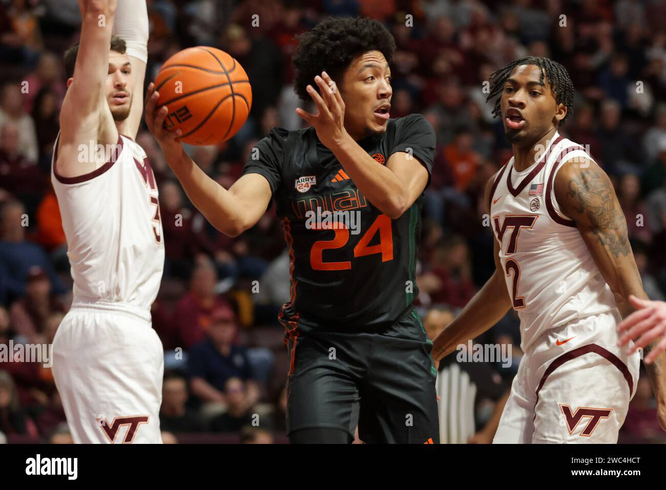 Blacksburg, Virginia, USA. 13th Jan, 2024. Miami Hurricanes guard Nijel ...