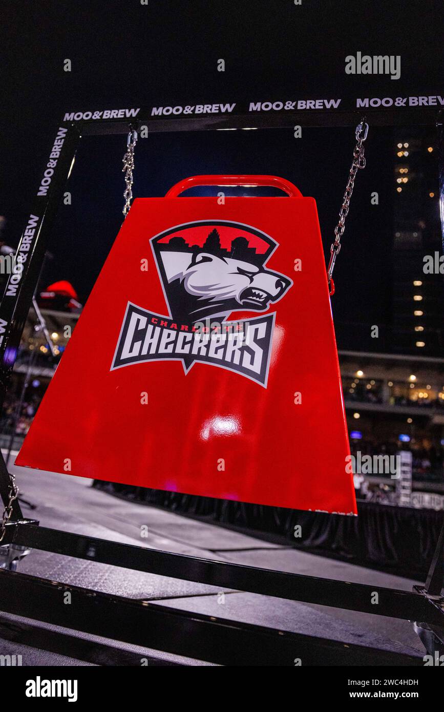 Charlotte, NC, USA. 13th Jan, 2024. Charlotte Checkers cowbell at the ...