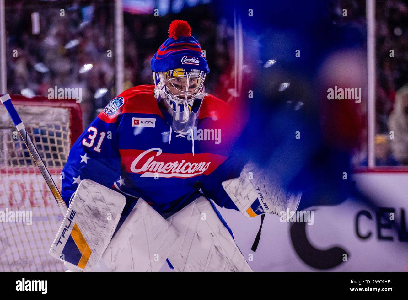 Charlotte, NC, USA. 13th Jan, 2024. Rochester Americans Eric Comrie (31 ...