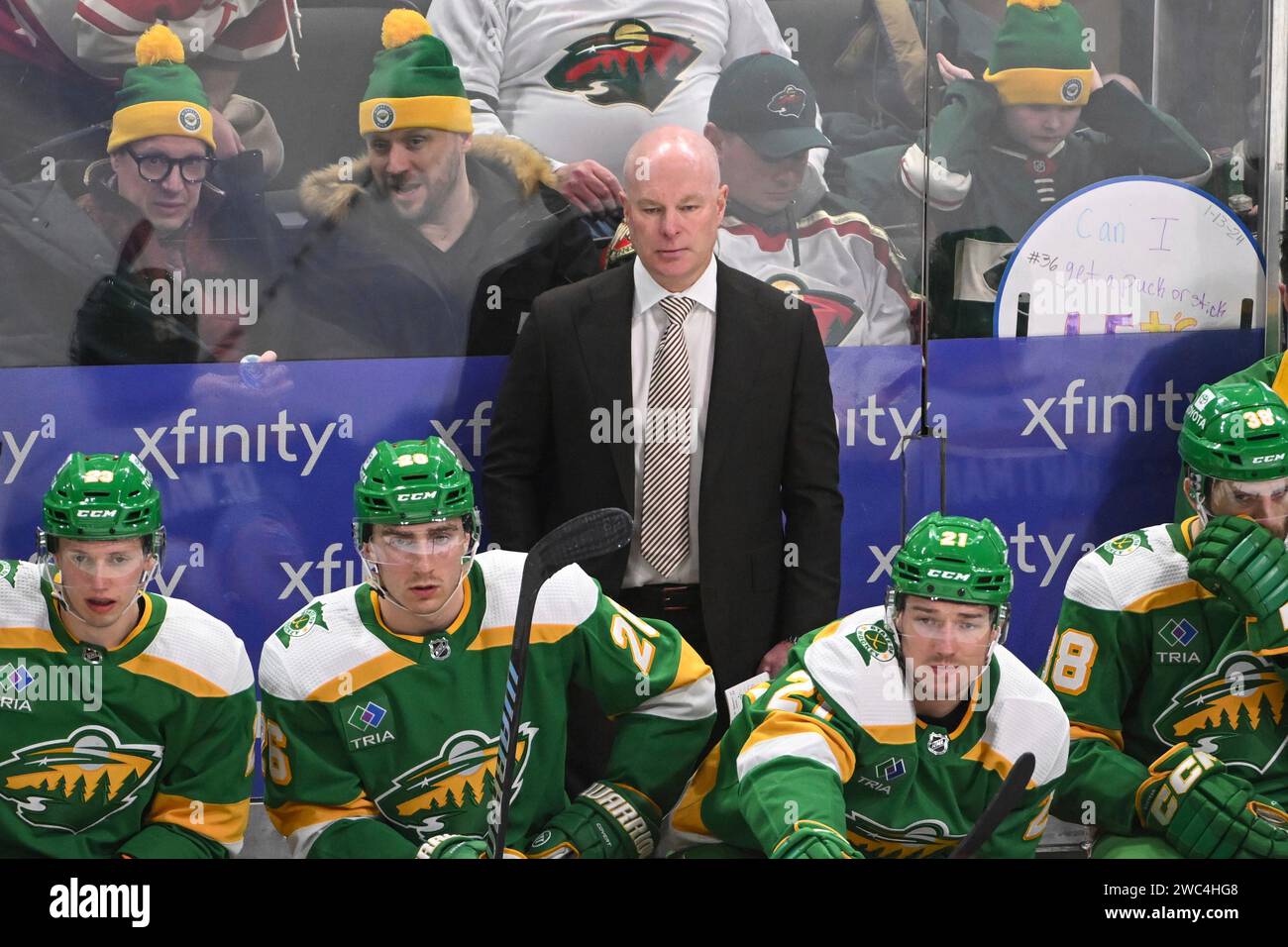 Minnesota Wild head coach John Hynes, center top, watches an NHL hockey ...