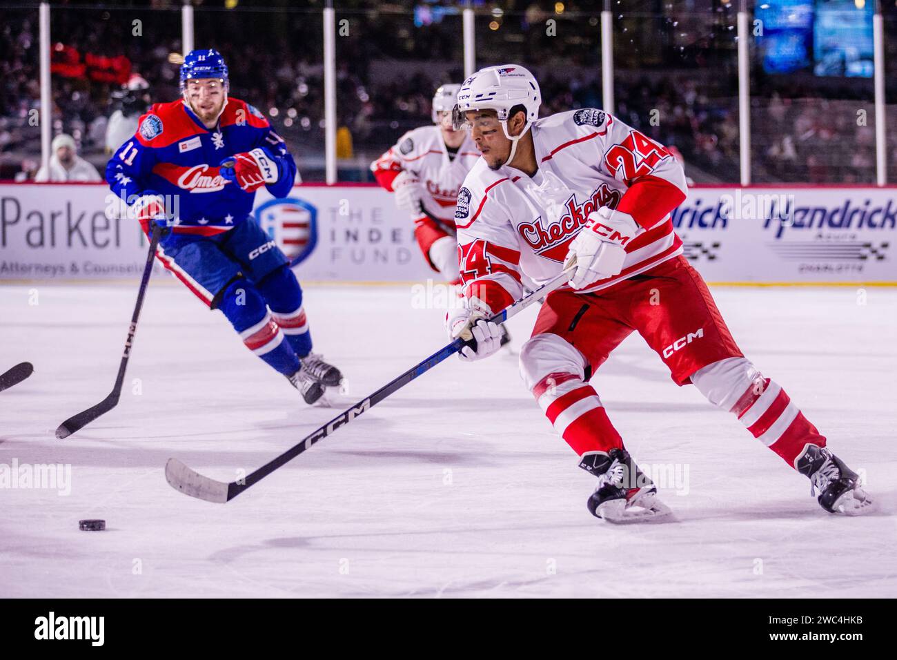 Charlotte, NC, USA. 13th Jan, 2024. Charlotte Checkers Justin Sourdif ...