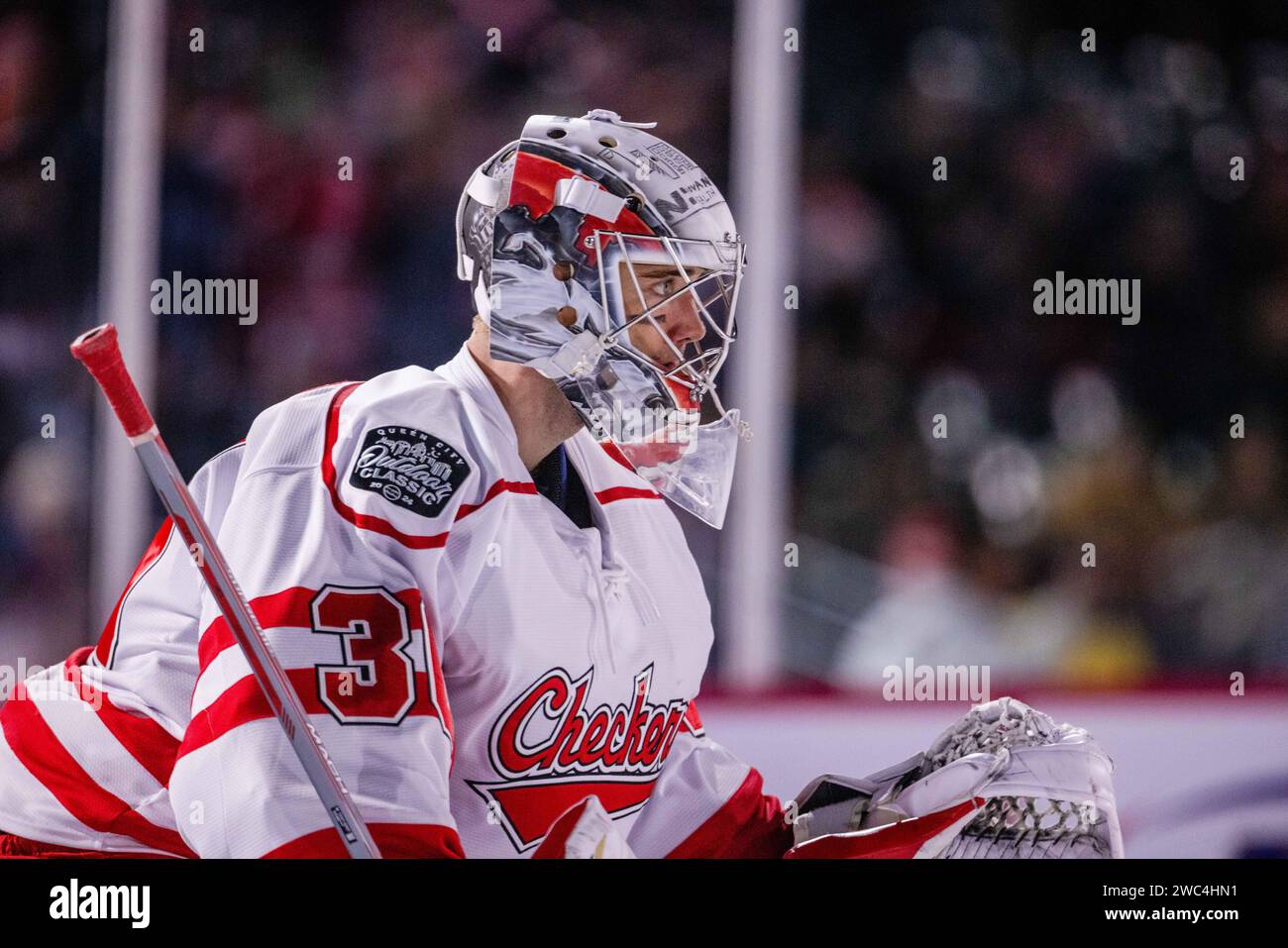 Charlotte, NC, USA. 13th Jan, 2024. Charlotte Checkers Spencer Knight ...